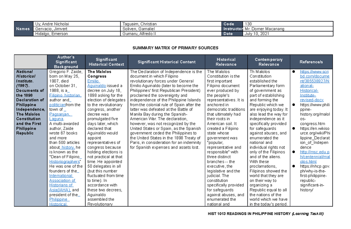 Summary Matrix of Historical Events in the Philippines - Names Uy ...