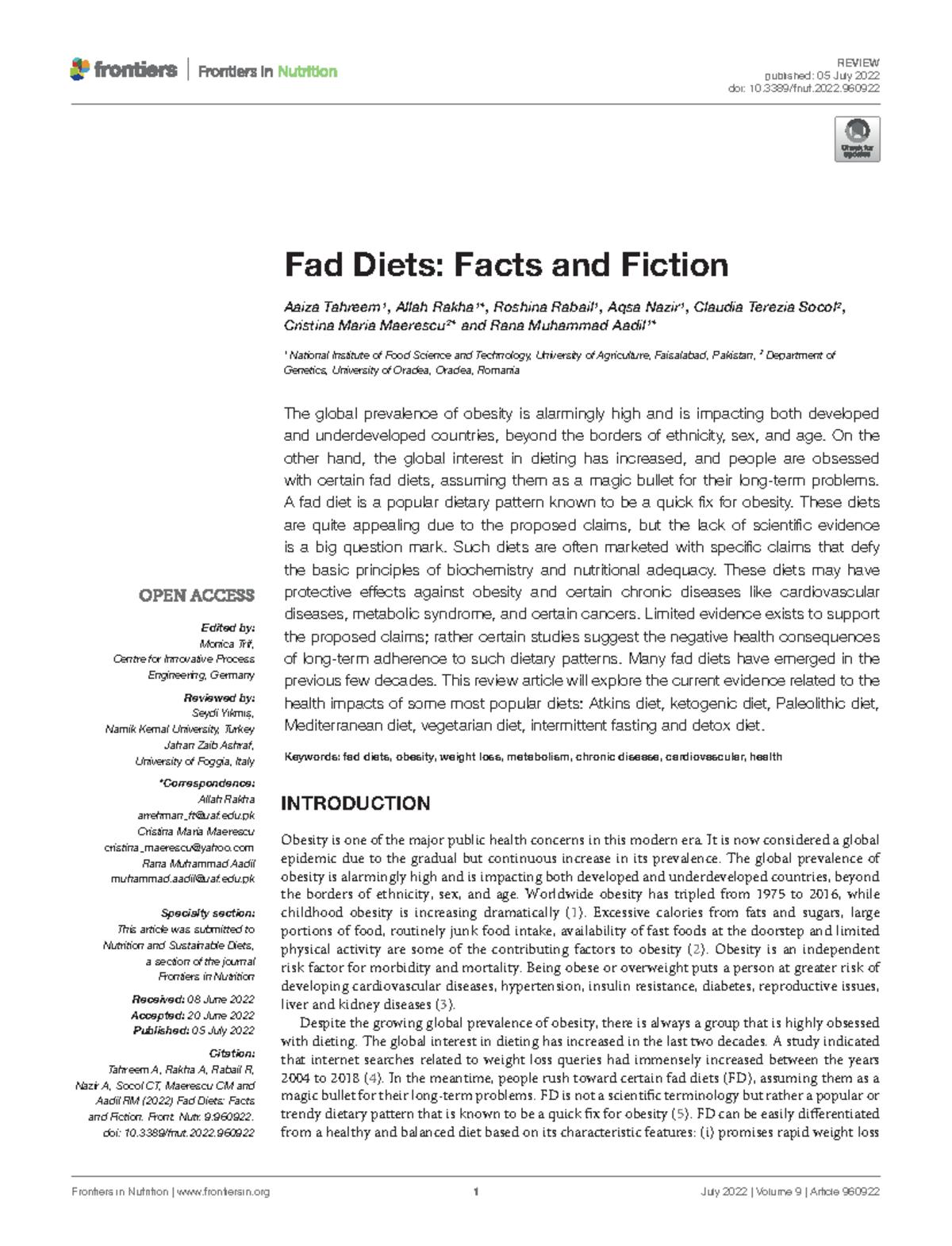 Fad Diets Facts and Fiction - REVIEW published: 05 July 2022 doi: 10.3389/fnut. Edited by ...