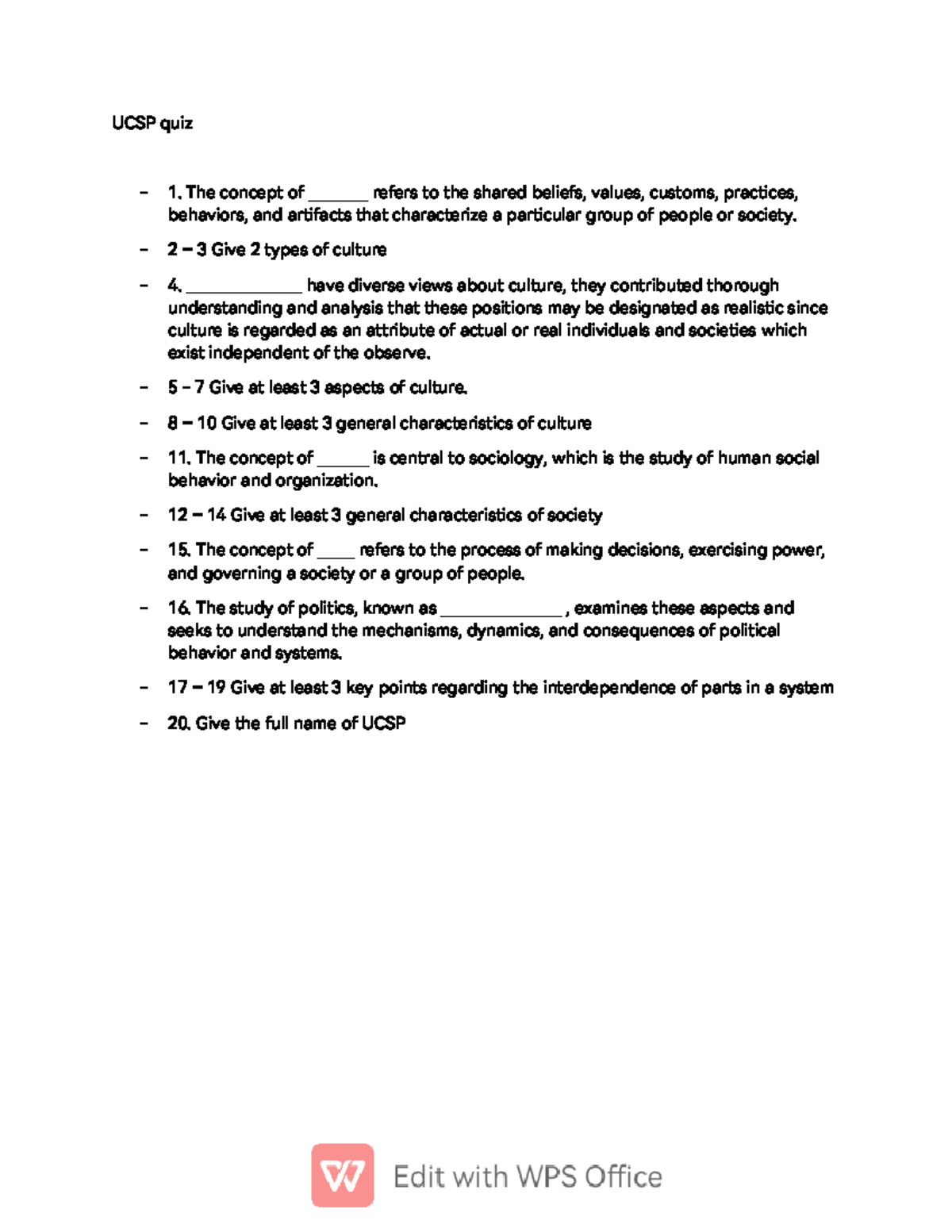 UCSP-quiz - Understanding Politics, Culture and Society - UCSP quiz - 1 ...