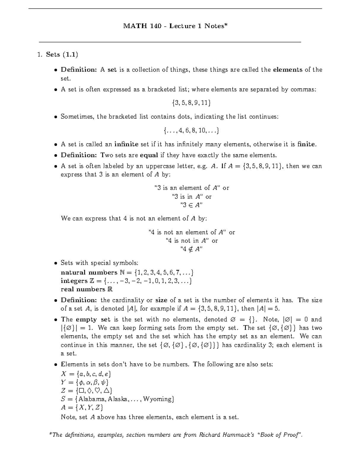 MATH 124 - Notes I - MATH 140 - Lecture 1 Notes* Sets (1) Definition: A ...