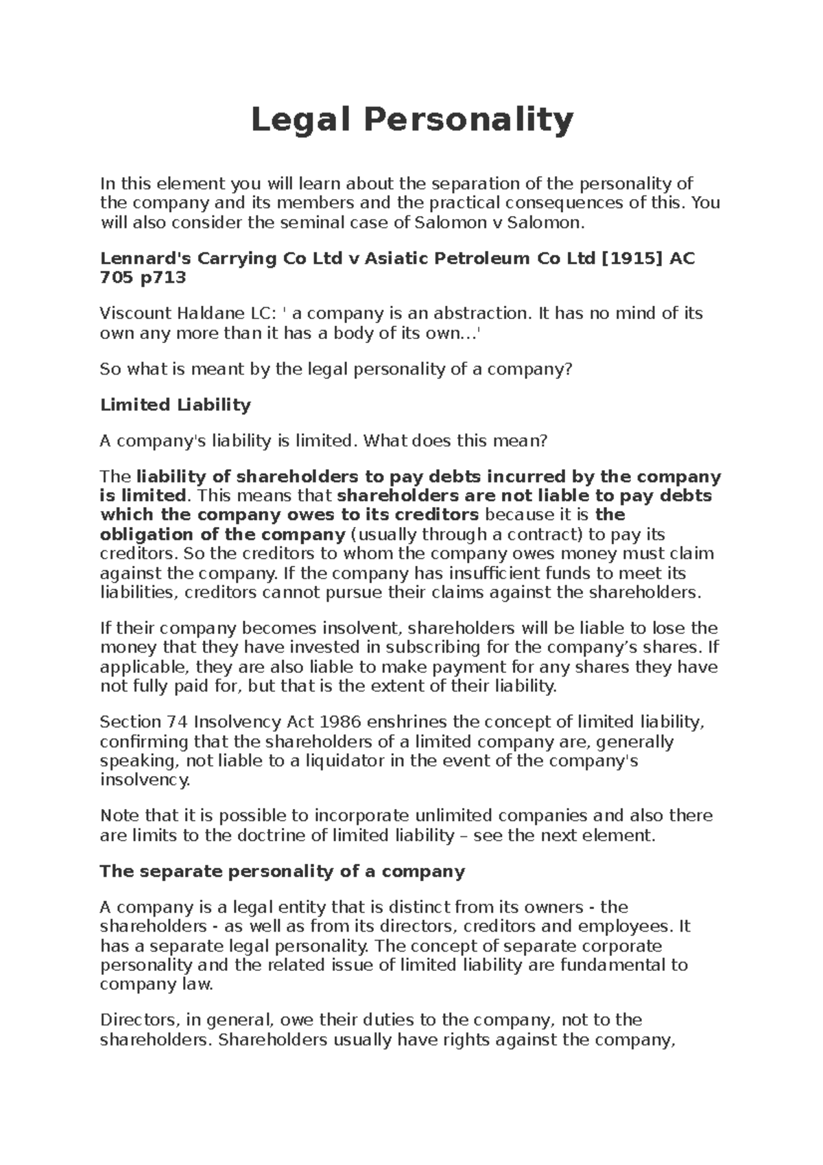 Piercing The Corporate veil and legal personality - Legal Personality ...