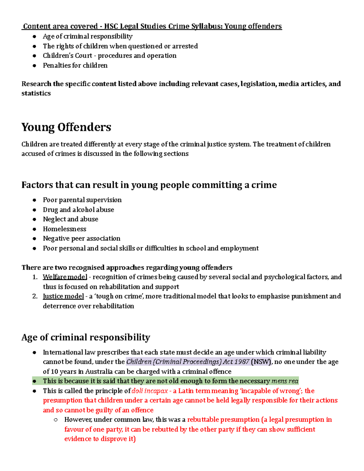 Young Offenders - Summary Notes - Content area covered - HSC Legal ...