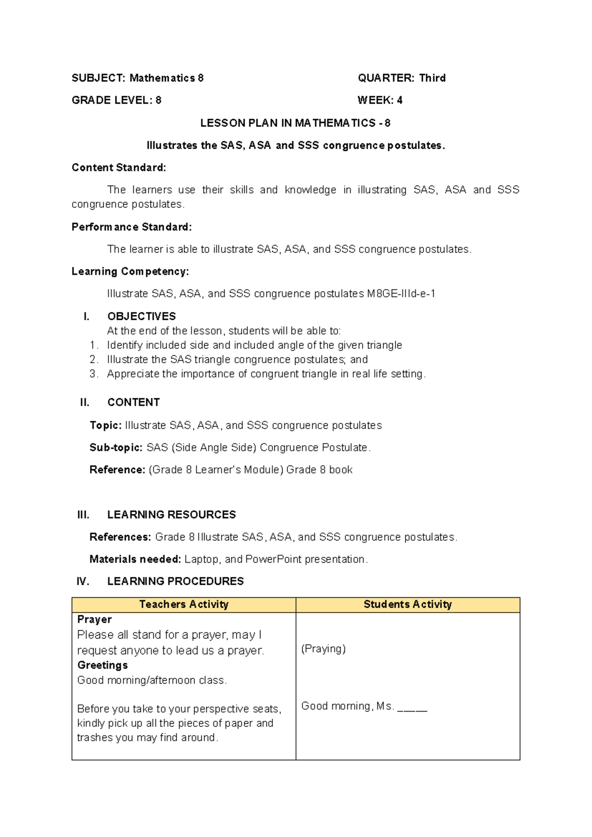 LP Illustrate SAS congruence postulate - SUBJECT: Mathematics 8 QUARTER ...