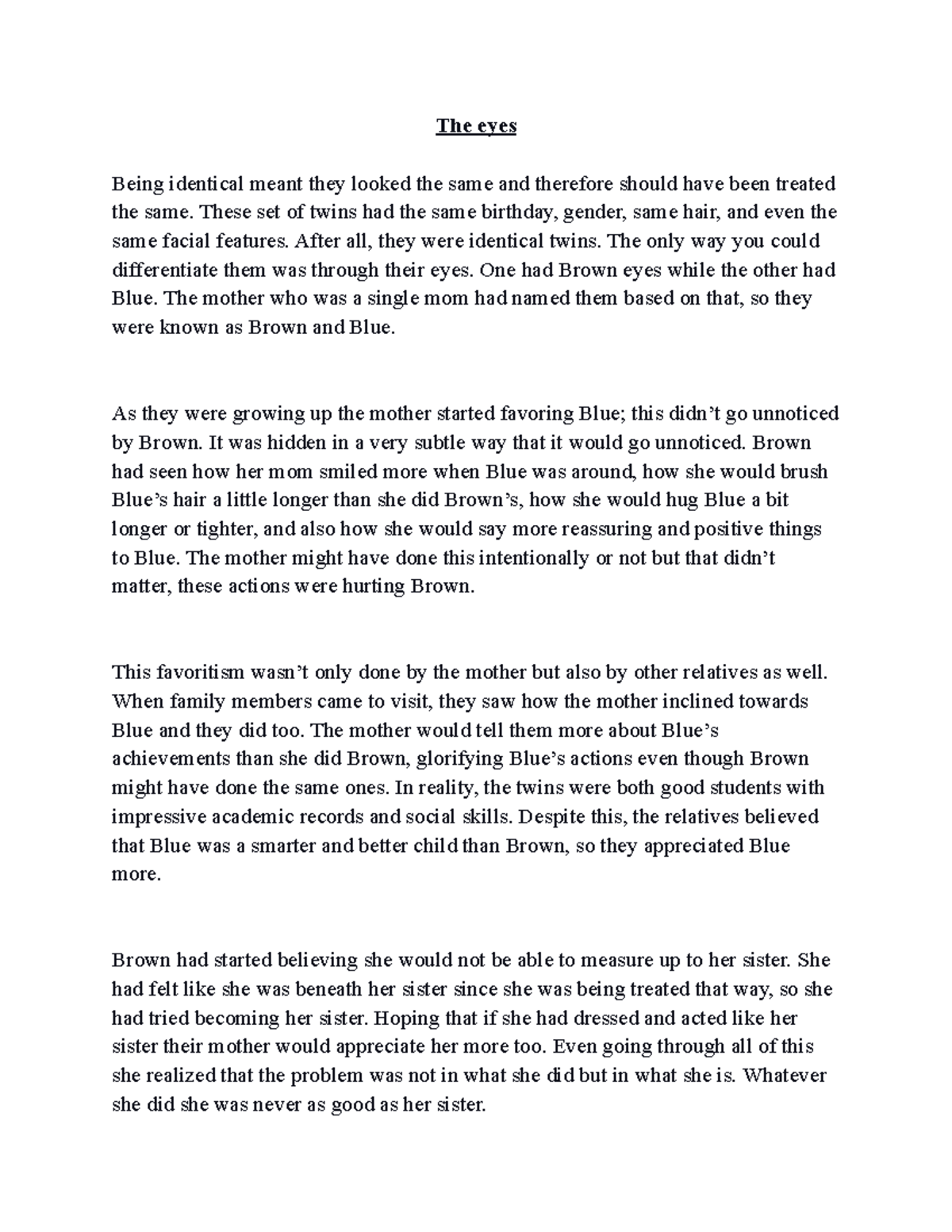 The eyes - Narrative Essay - The eyes Being identical meant they looked ...