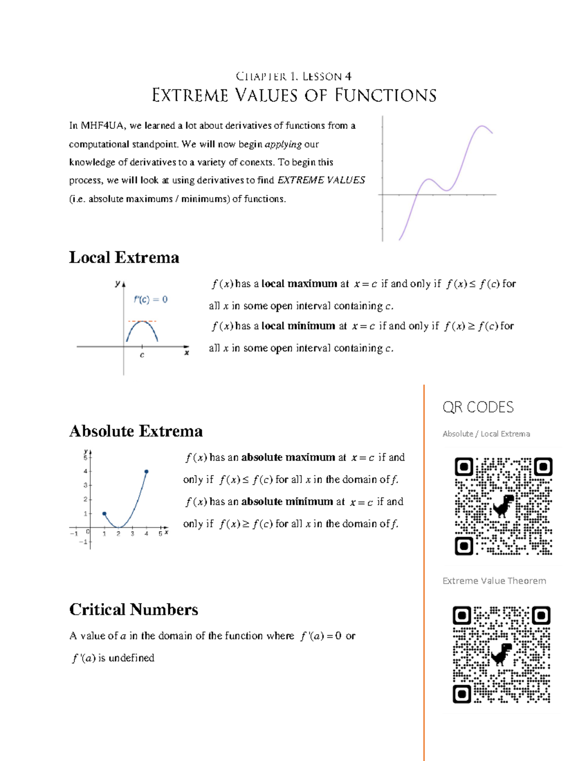 Lesson 4 - Extreme Values of Functions - In MHF4UA, we learned a lot ...
