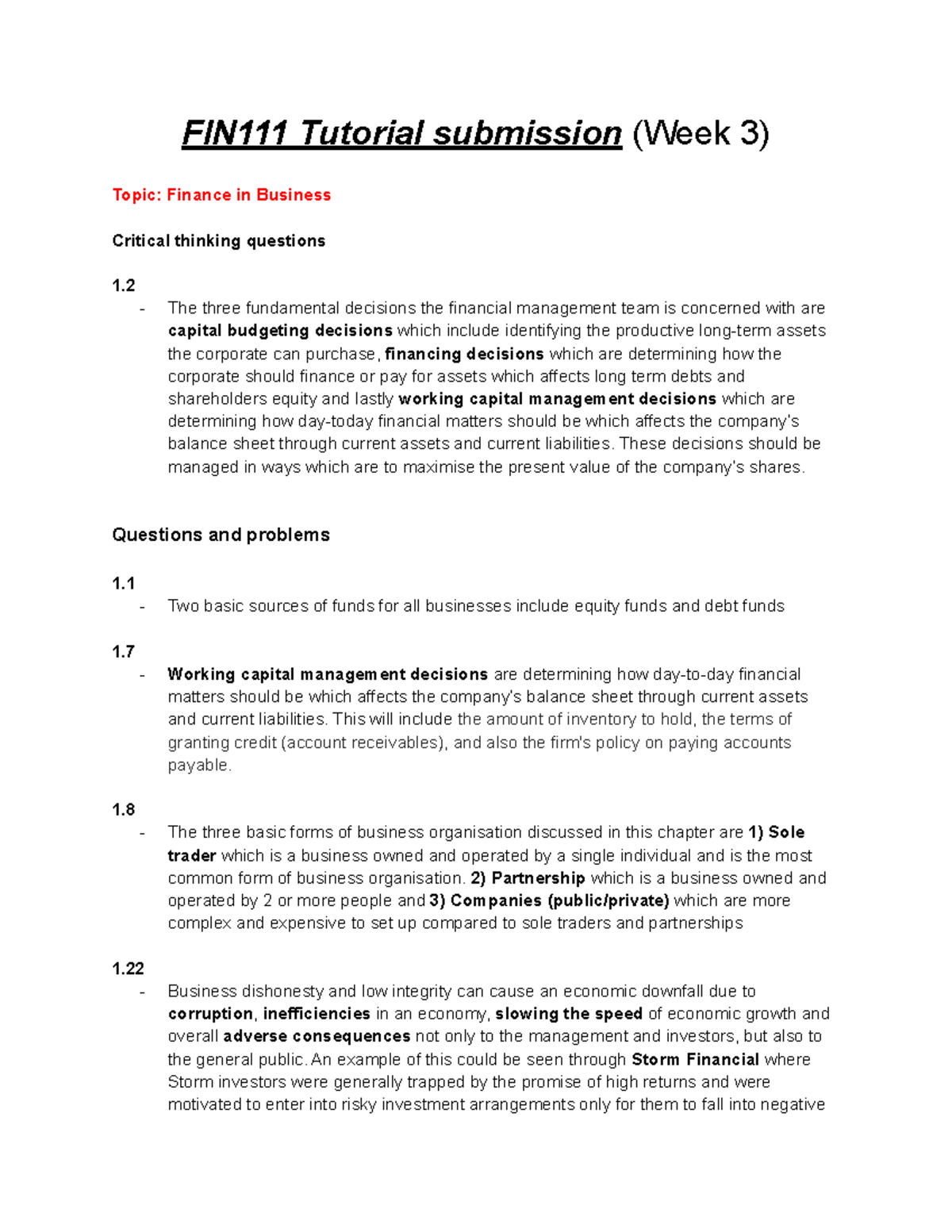 FIN111 Tutorial submission (Week 3) - The three fundamental decisions ...