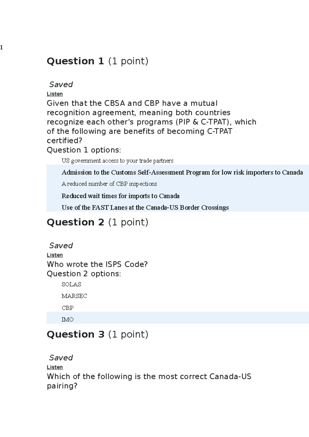 Quiz Module 9 - Cargo Security - Question 1 (1 point) Saved Listen ...