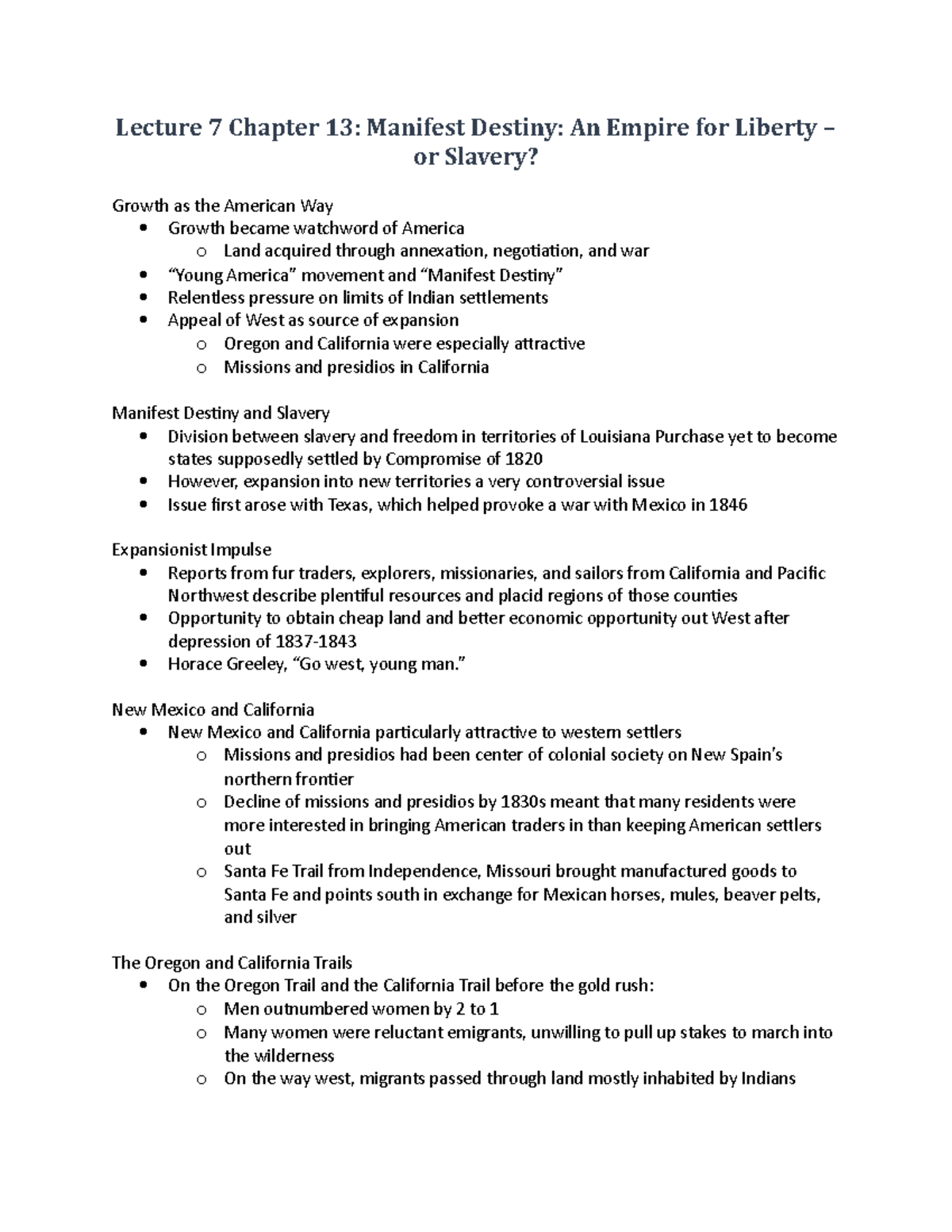 HIST 180 Lecture 7 - Lecture 7 Chapter 13: Manifest Destiny: An Empire ...