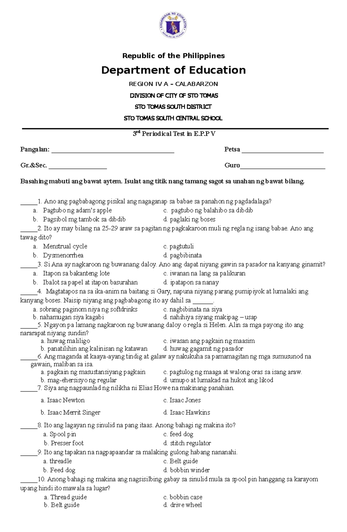 3rd Periodical exam E - Republic of the Philippines Department of ...