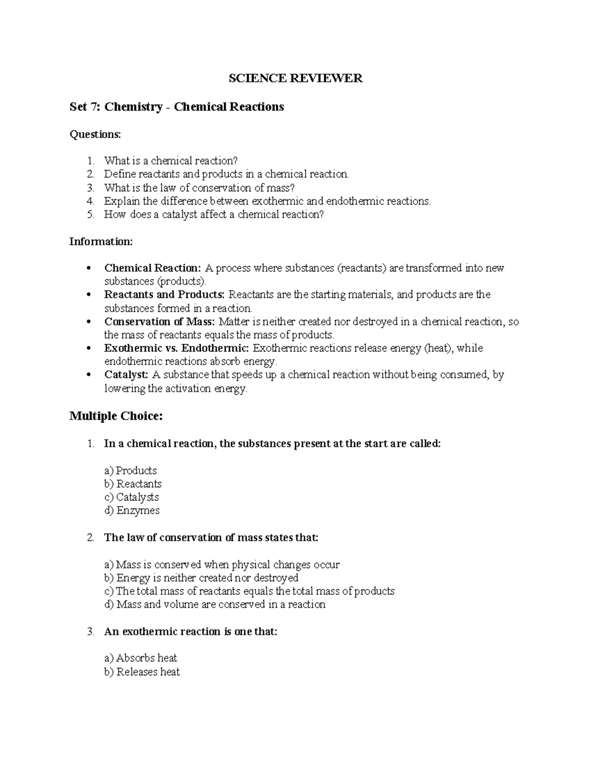 Science Reviewer 7 - SCIENCE REVIEWER Set 7: Chemistry - Chemical ...