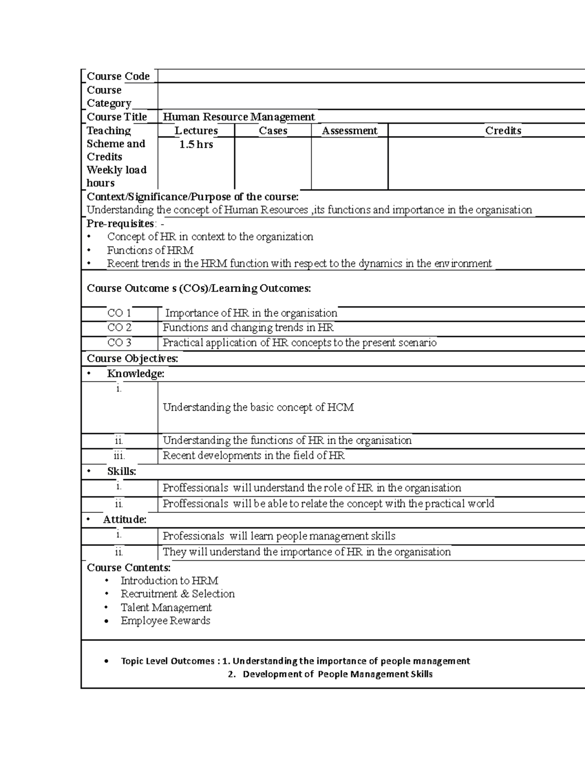 HRM Course Plan (Senior Professionals )Sem II - Course Code Course ...