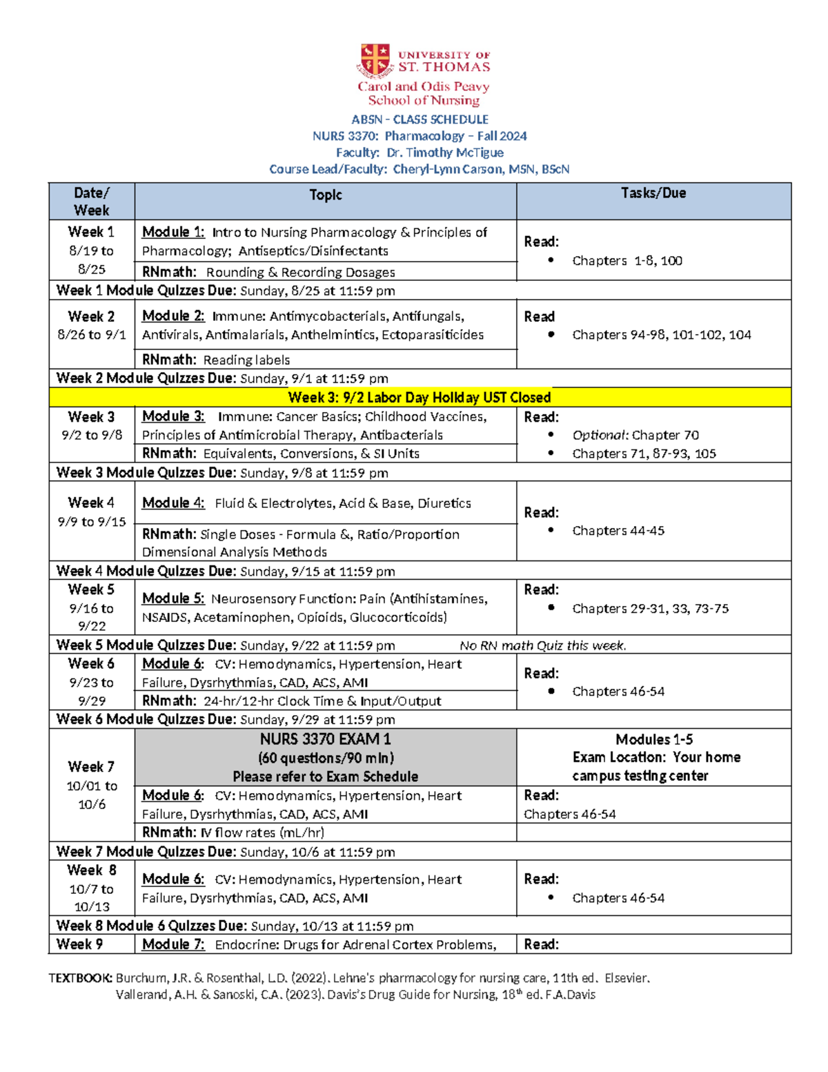 N3370 ABSN Pharmacology-FALL 2024-Class Schedule - ABSN - CLASS ...