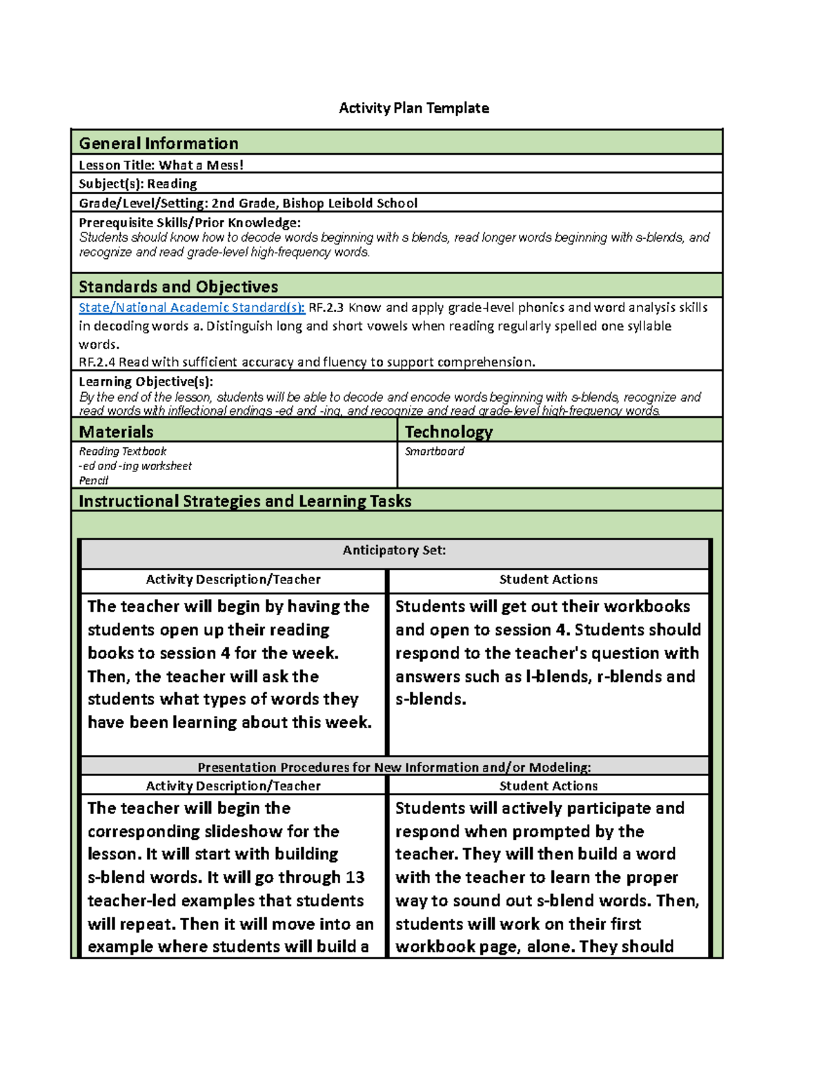 Week 2 Lesson ST Burlingame - Activity Plan Template General ...
