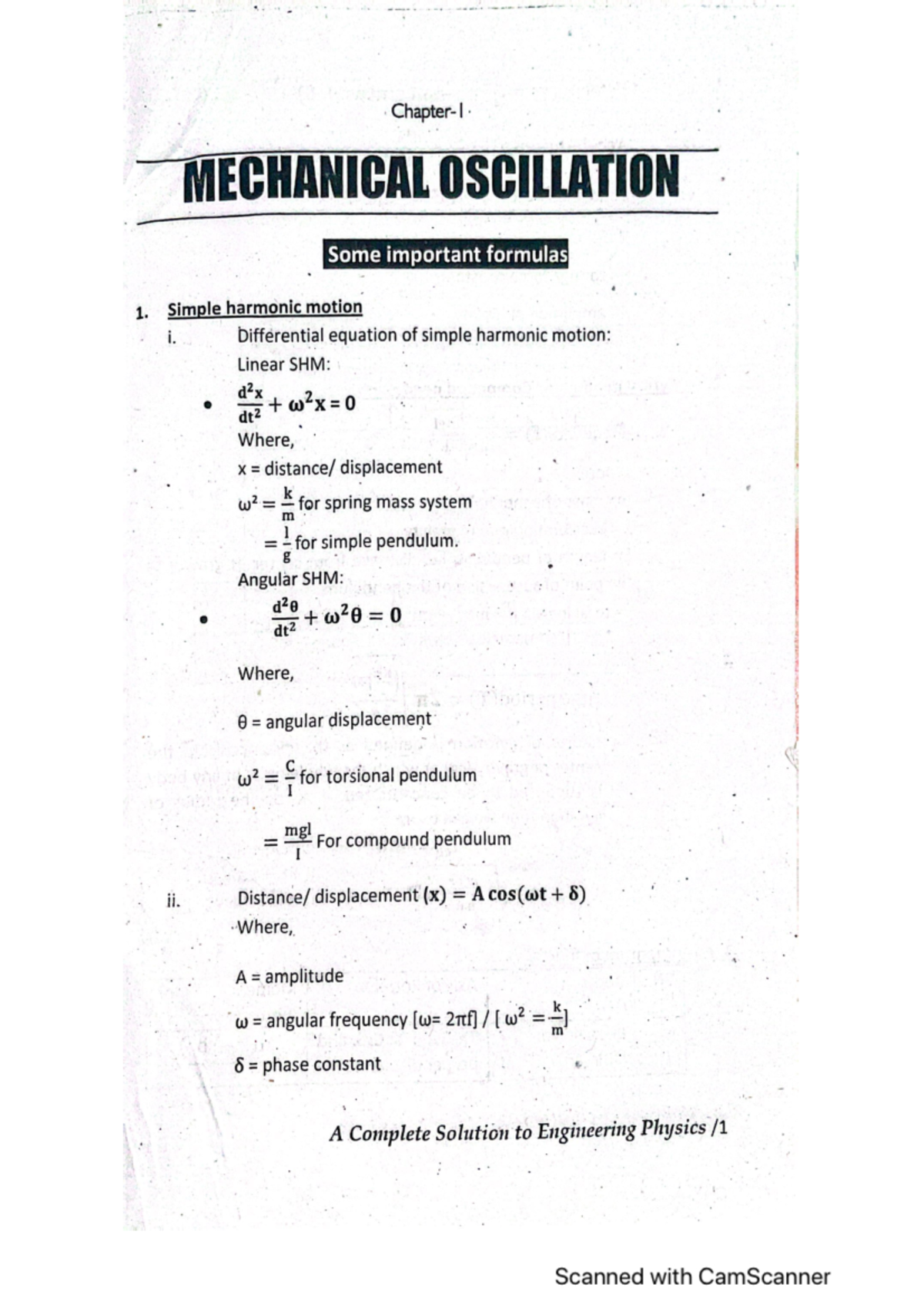 Physics - book - MECHANICAL OSCILLATION Some important formulas 1 ...