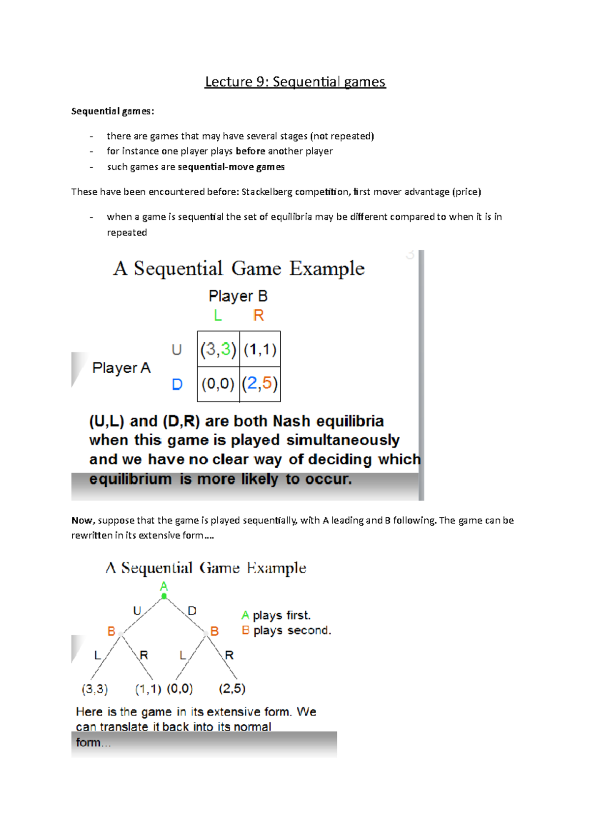 Lecture 9 Sequential Games Lecture 9 Sequential Games Sequential