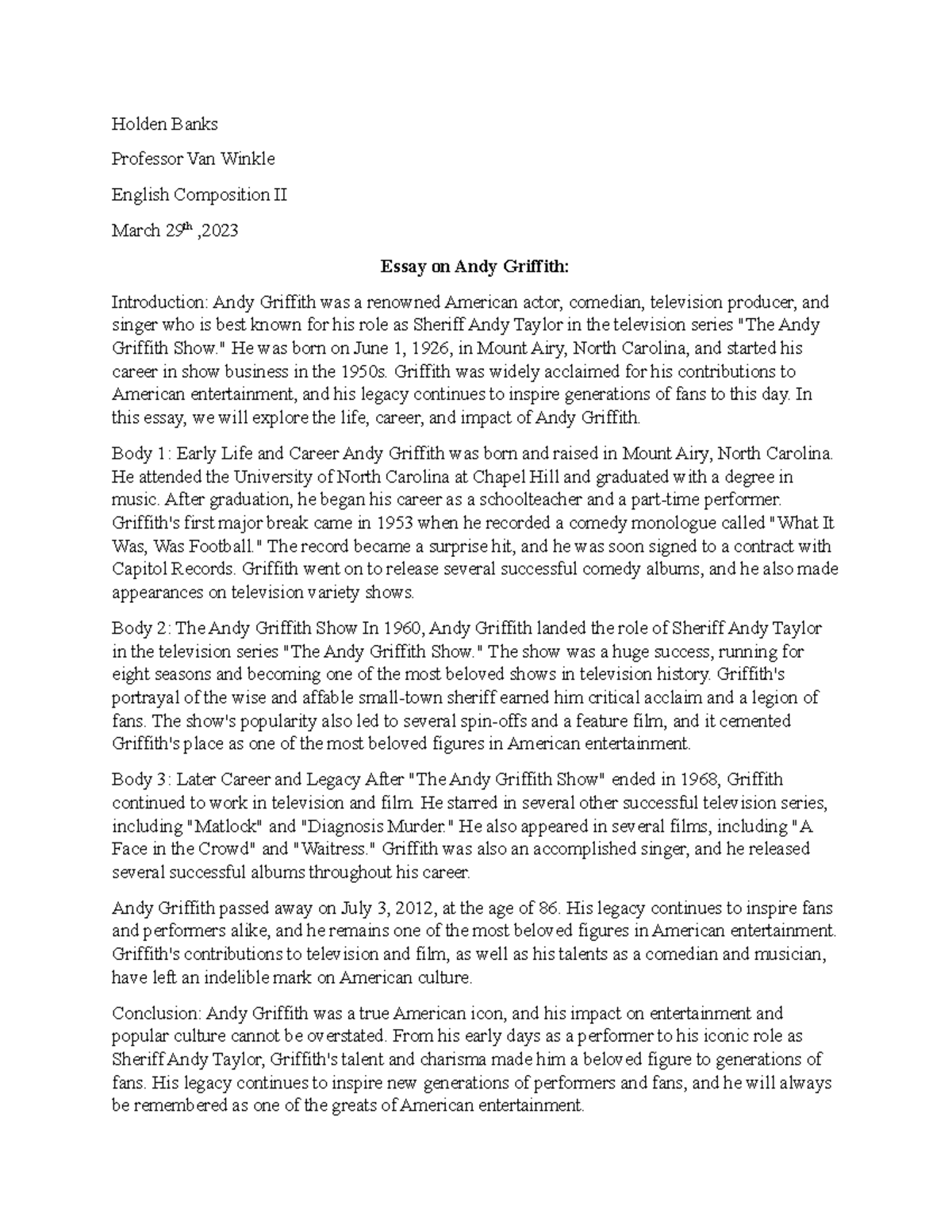 Essay on Andy Griffth - Holden Banks Professor Van Winkle English ...