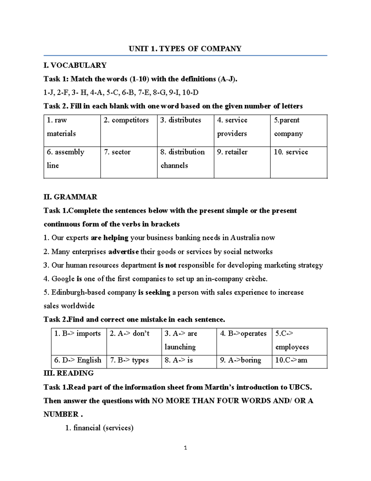 Handout ta4 - UNIT 1. TYPES OF COMPANY I. VOCABULARY Task 1: Match the ...