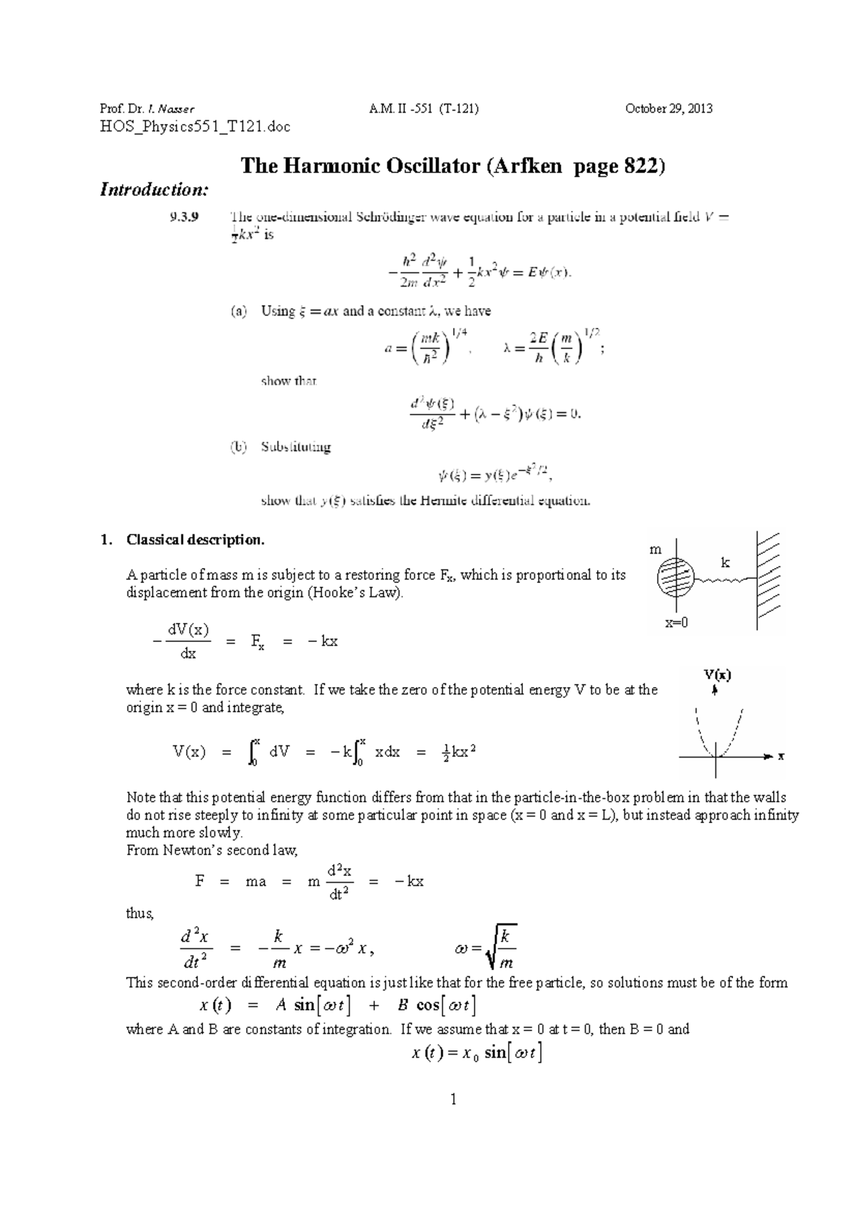 HOS Physics 571 T131 - lecture note - HOS_Physics551_T121 The Harmonic Oscillator (Arfken page ...