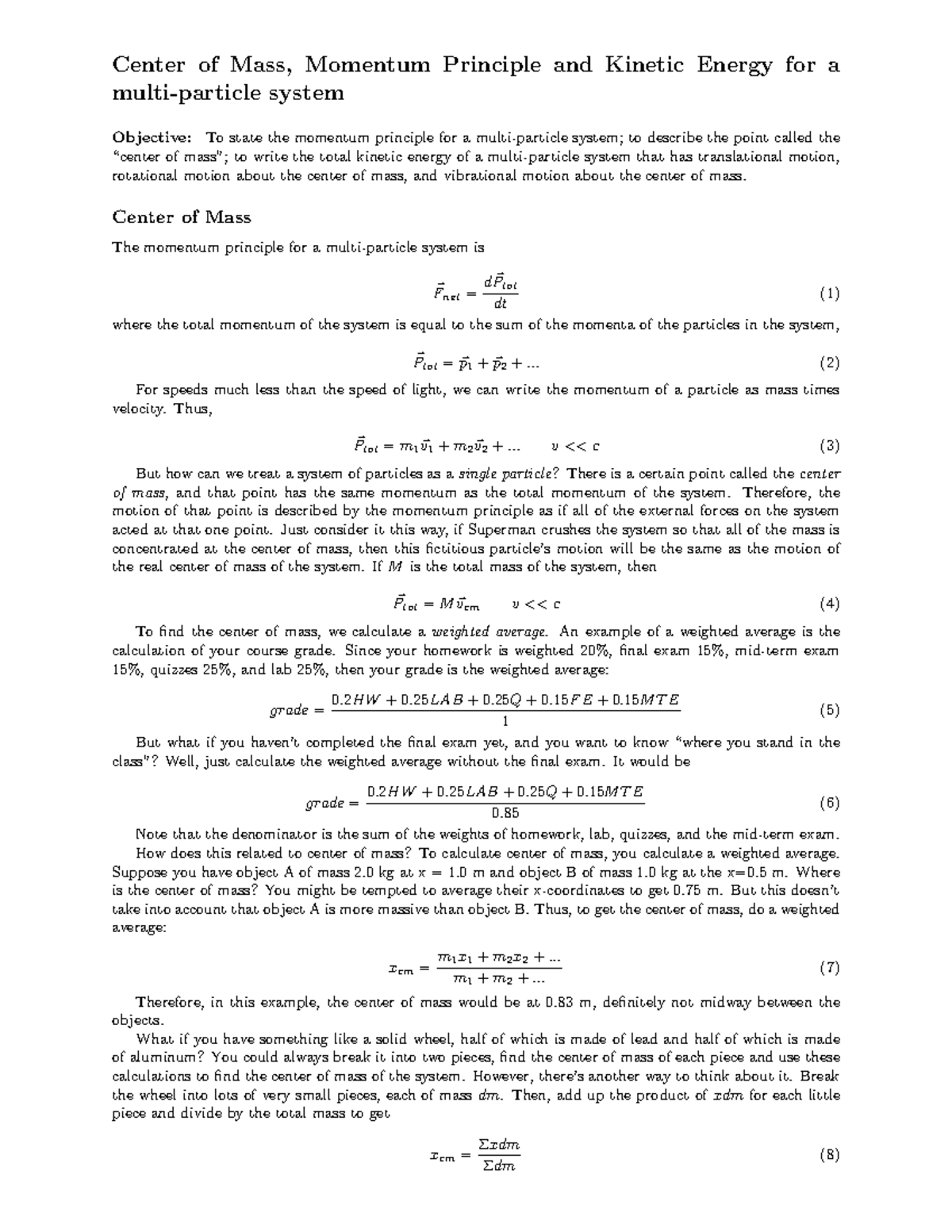 11 1 center of mass - practice - Center of Mass, Momentum Principle and ...