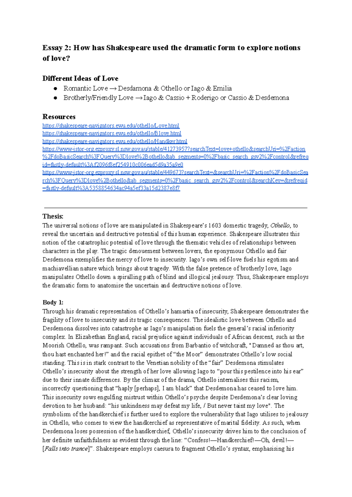 Othello - Essay Plan (final) - Essay 2: How has Shakespeare used the ...