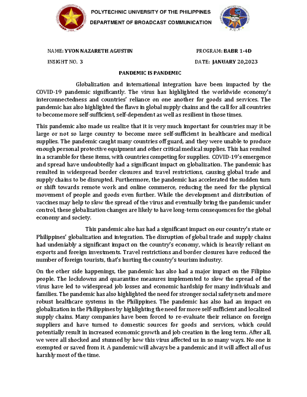 INSIGHT PAPER IN TCW - POLYTECHNIC UNIVERSITY OF THE PHILIPPINES ...