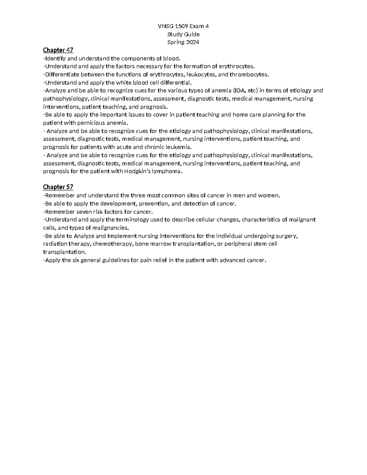 Exam 4 study guide - VNSG 1509 Exam 4 Study Guide Spring 2024 Chapter ...