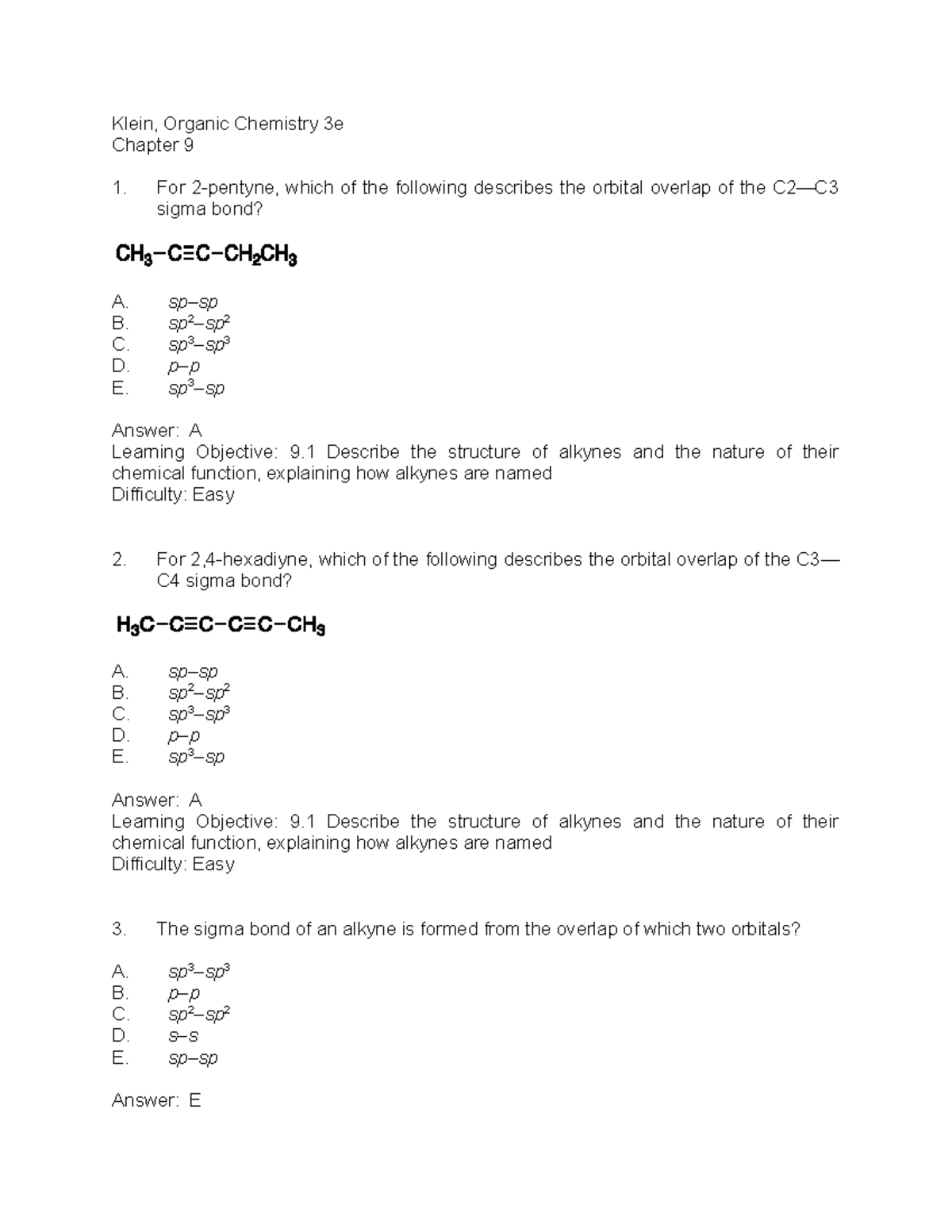 Chapter 9 organic chemistry test bank questions for Klein Orgo 3rd ...