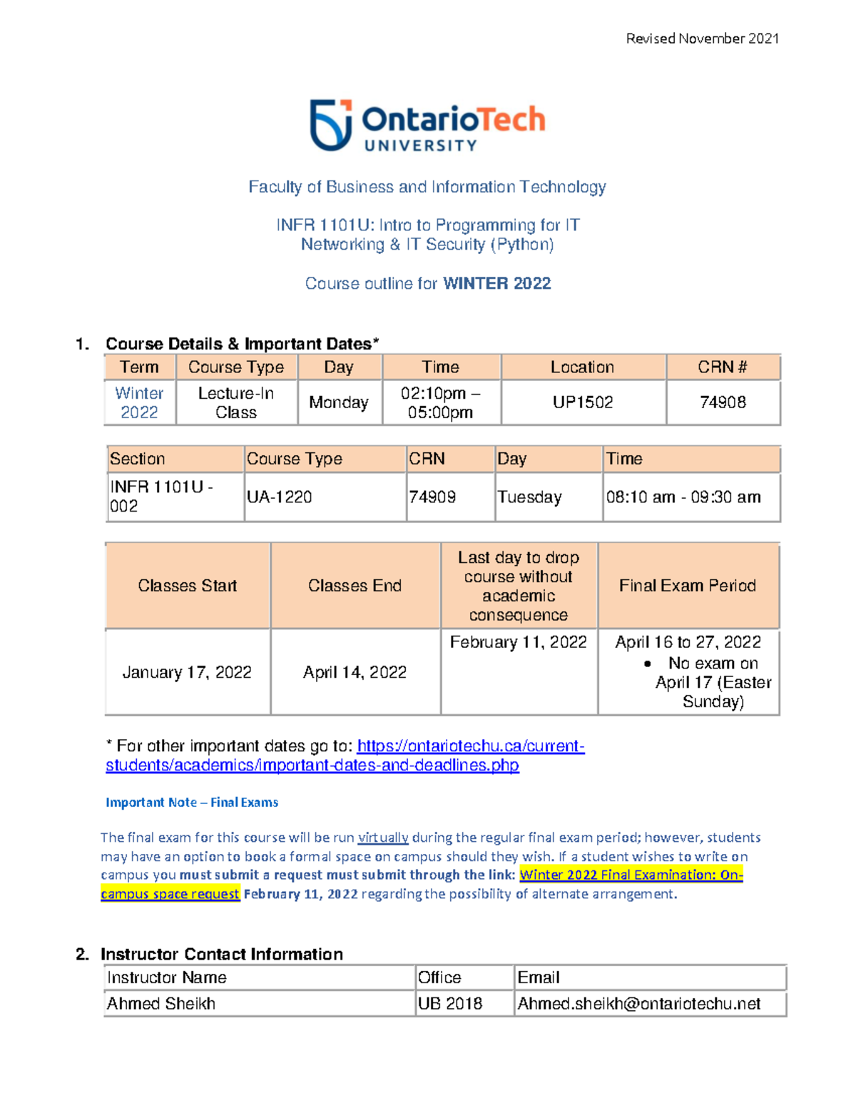 INFR 1101U Intro to Programming for IT Ahmed Sheikh Winter 2022 ...