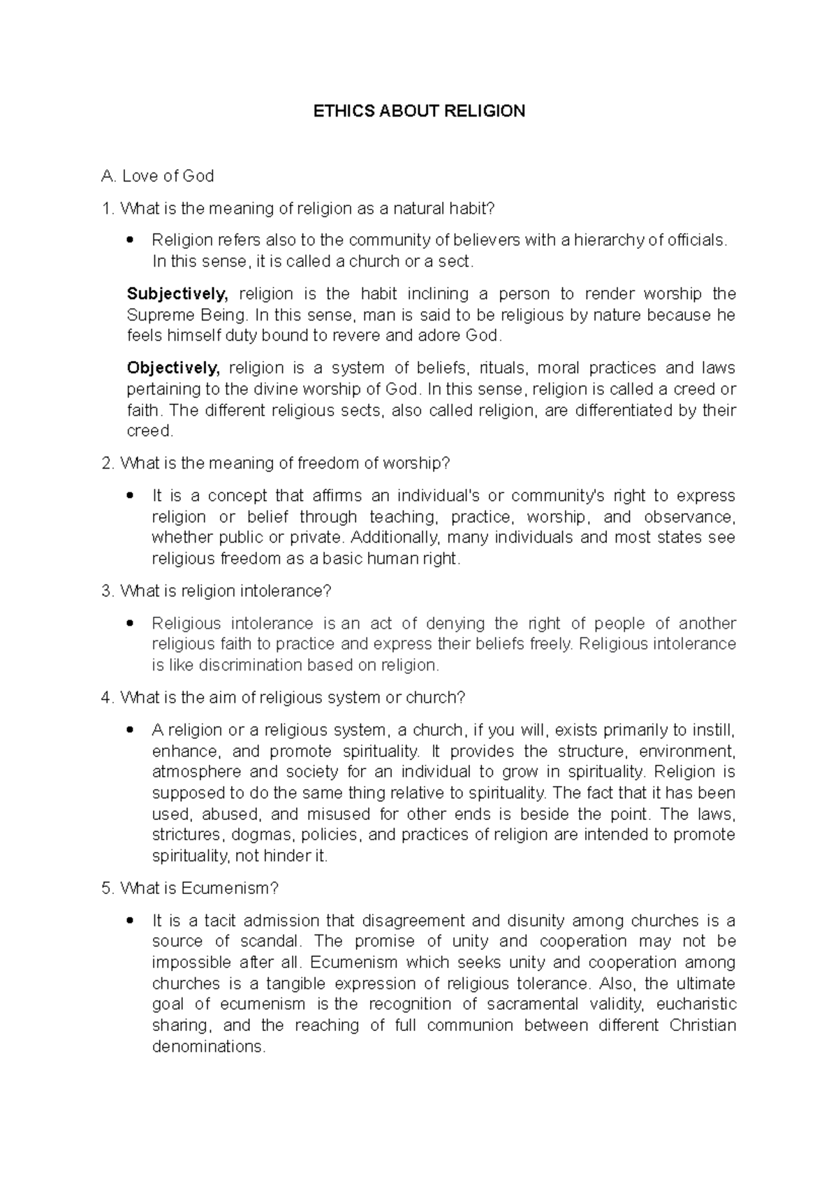 Activity - ETHICS ABOUT RELIGION A. Love of God What is the meaning of ...