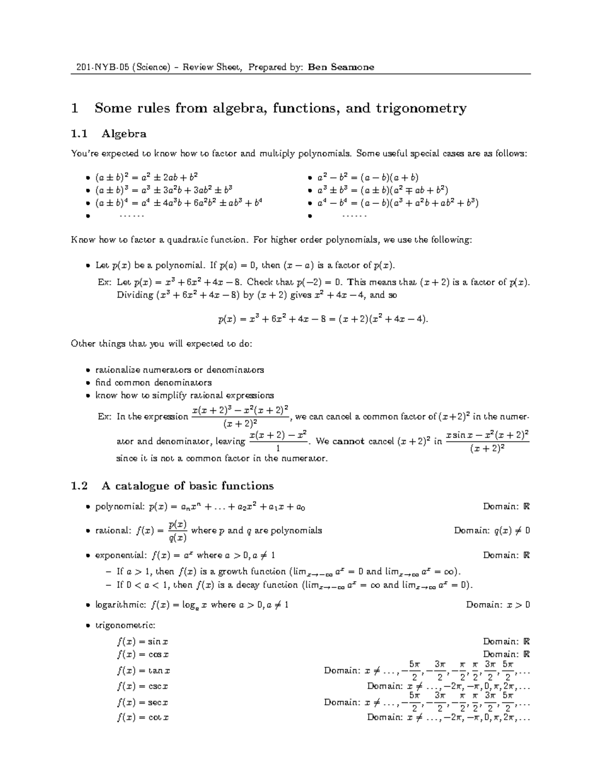 Calculus 2 Review Sheet - 201-NYB-05 (Science) – Review Sheet, Prepared ...
