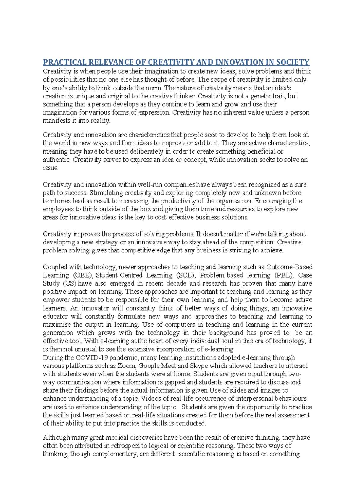 Practical Relevance OF Creativity AND Innovation IN Society - PRACTICAL ...