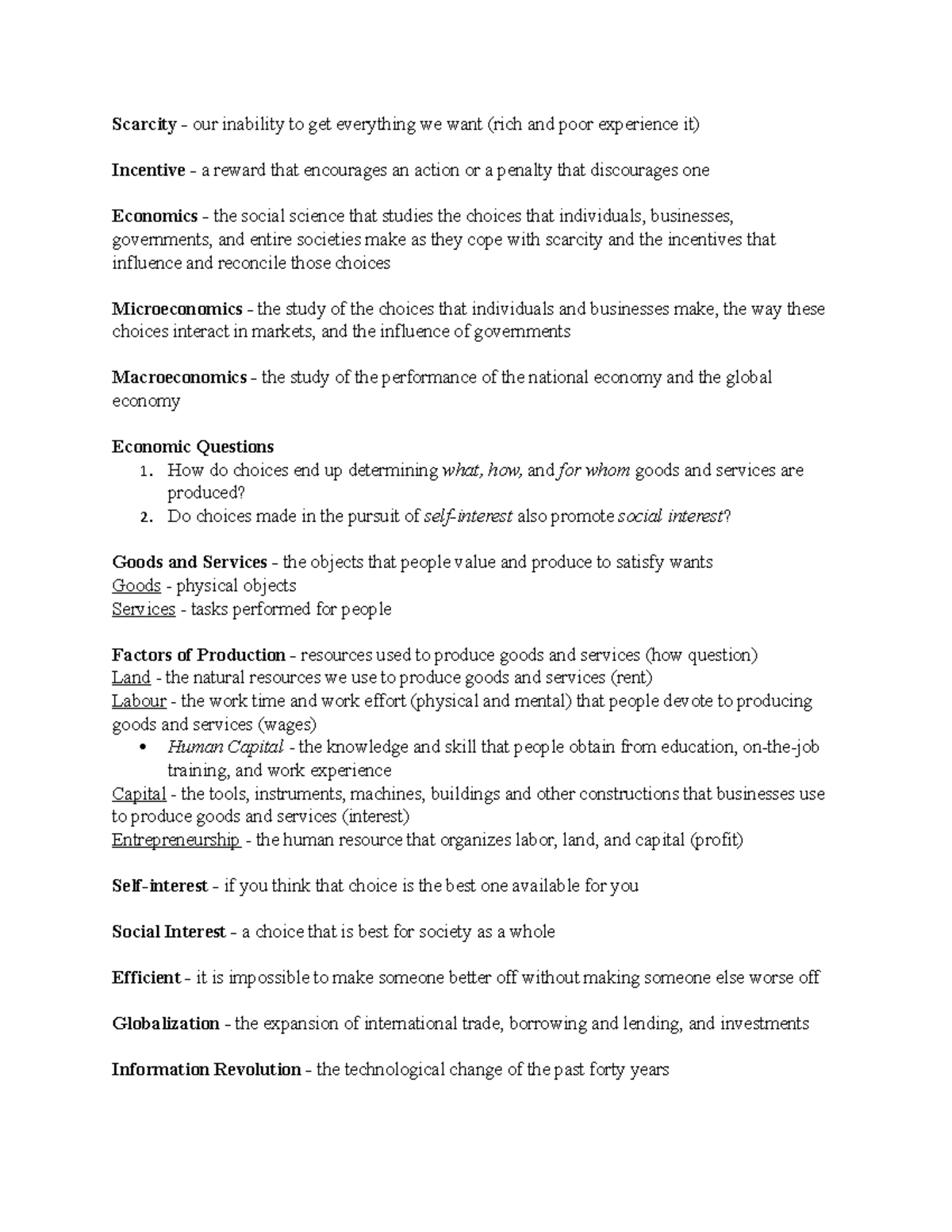 Microecon - Ch. 1 - Lecture notes for micro Econ - Scarcity - our ...