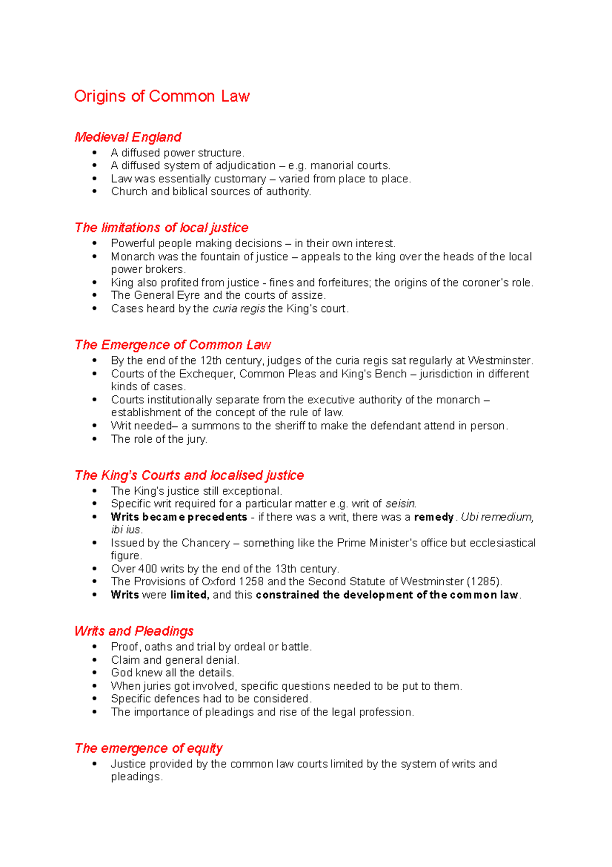 LAWS1700 Final Exam notes - Origins of Common Law Medieval England A ...