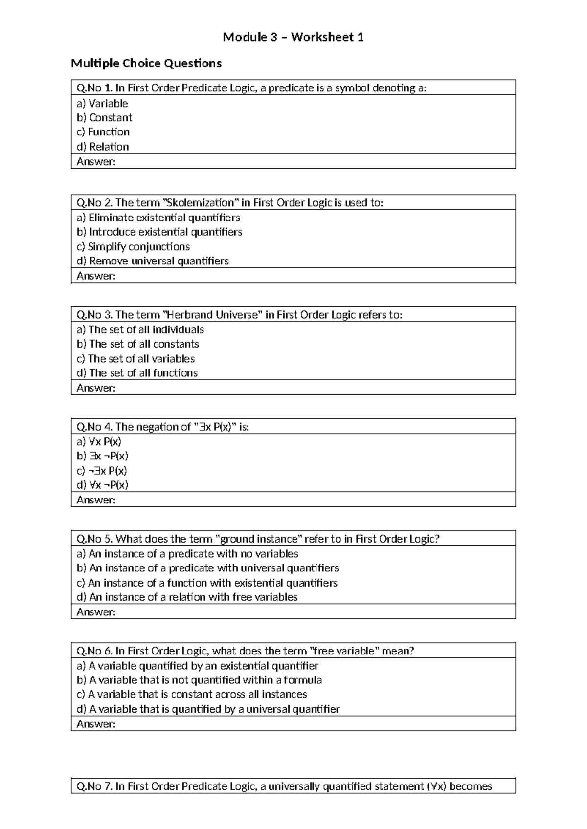 (1 - 1) CSA2001 - Module 3 Worksheet - Module 3 – Worksheet 1 Multiple Choice Questions Q 1. In ...