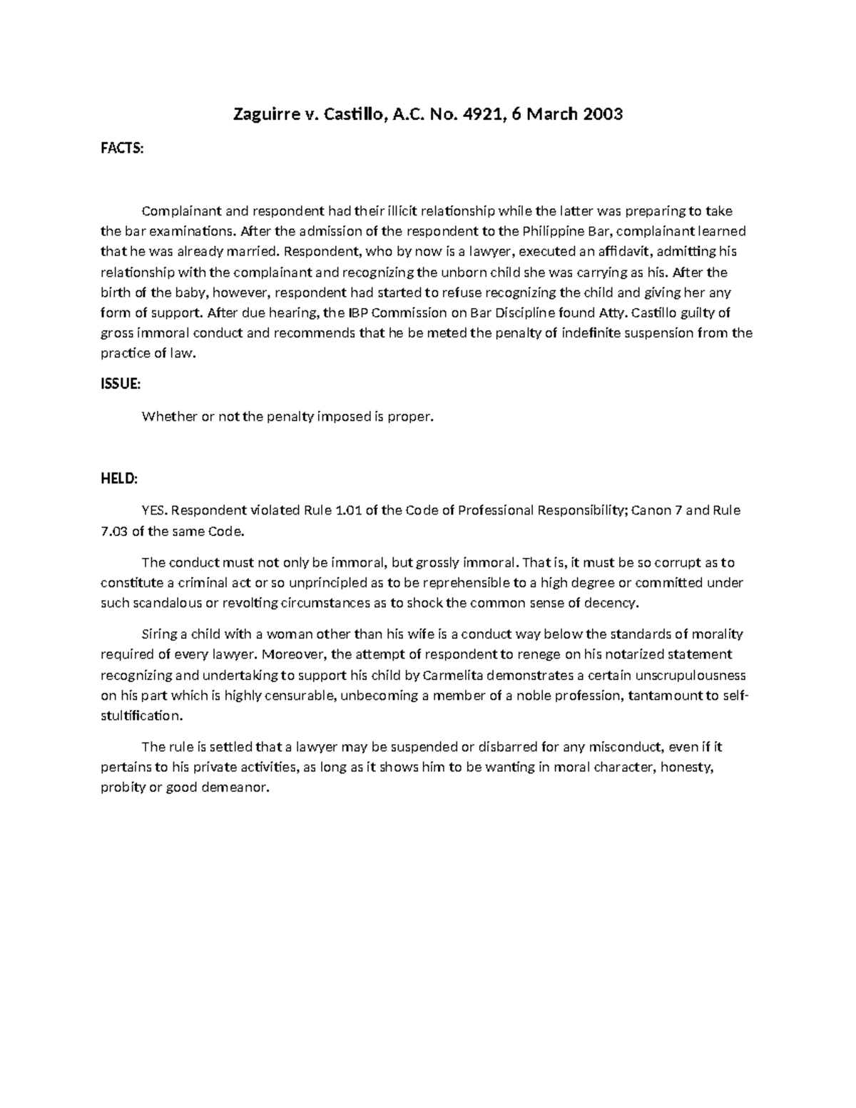 Zaguirre v. Castillo - Summary Juris Doctor - Zaguirre v. Castillo, A ...