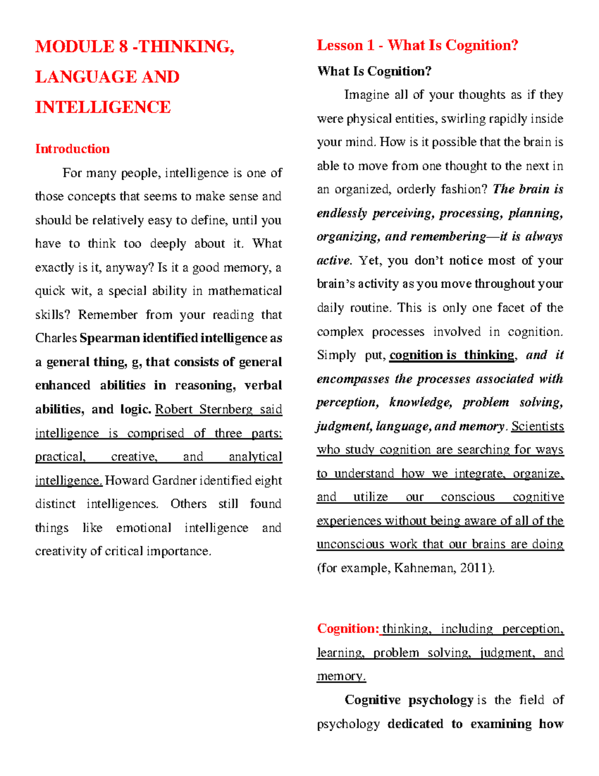 Module 8 - Thinking, Language AND Intelligence - MODULE 8 -THINKING ...