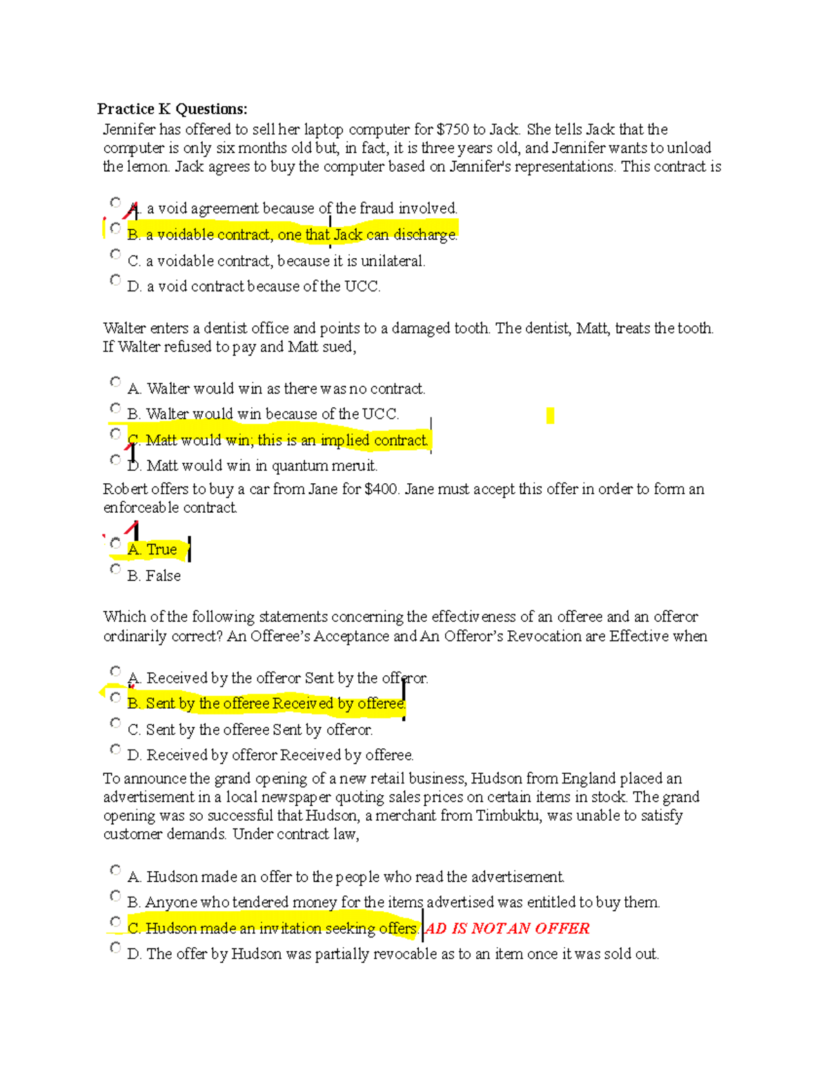 Practice K Questions - Practice K Questions: Jennifer has offered to ...