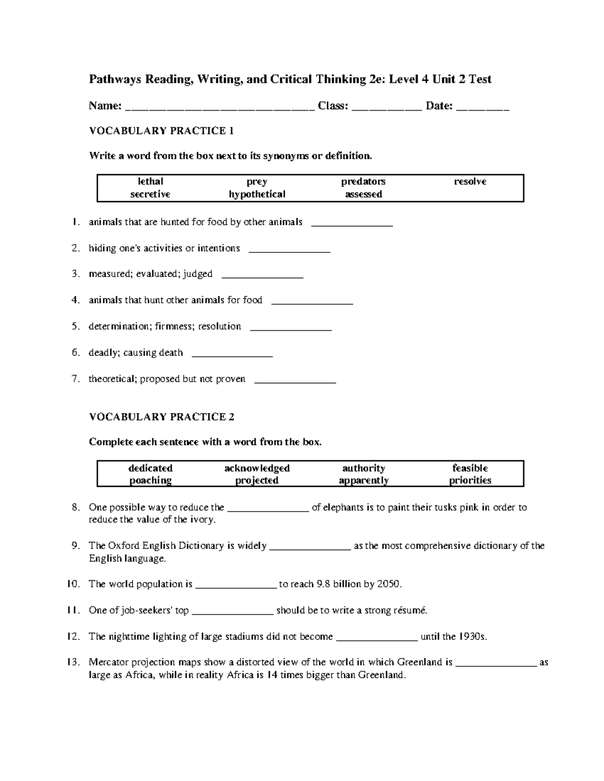 Pathways Reading, Writing, and Critical Thinking 2e Level 4 Unit 2 Test ...