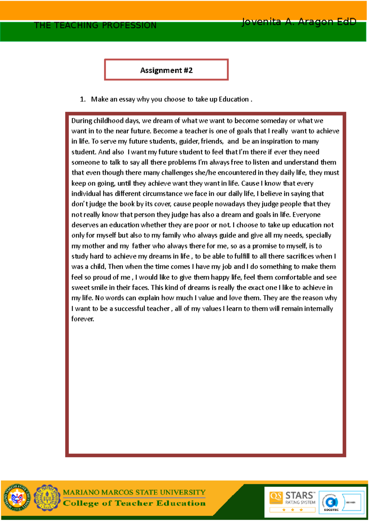 Assingment #2 - lesson - Make an essay why you choose to take up ...