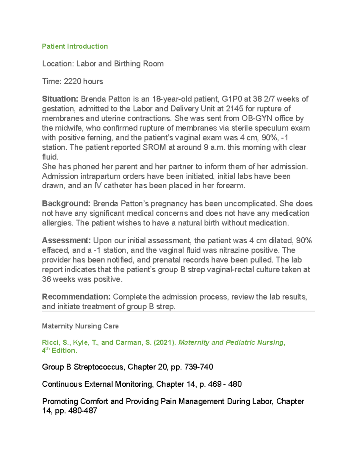 Patient Introduction - docucare - Patient Introduction Location: Labor ...