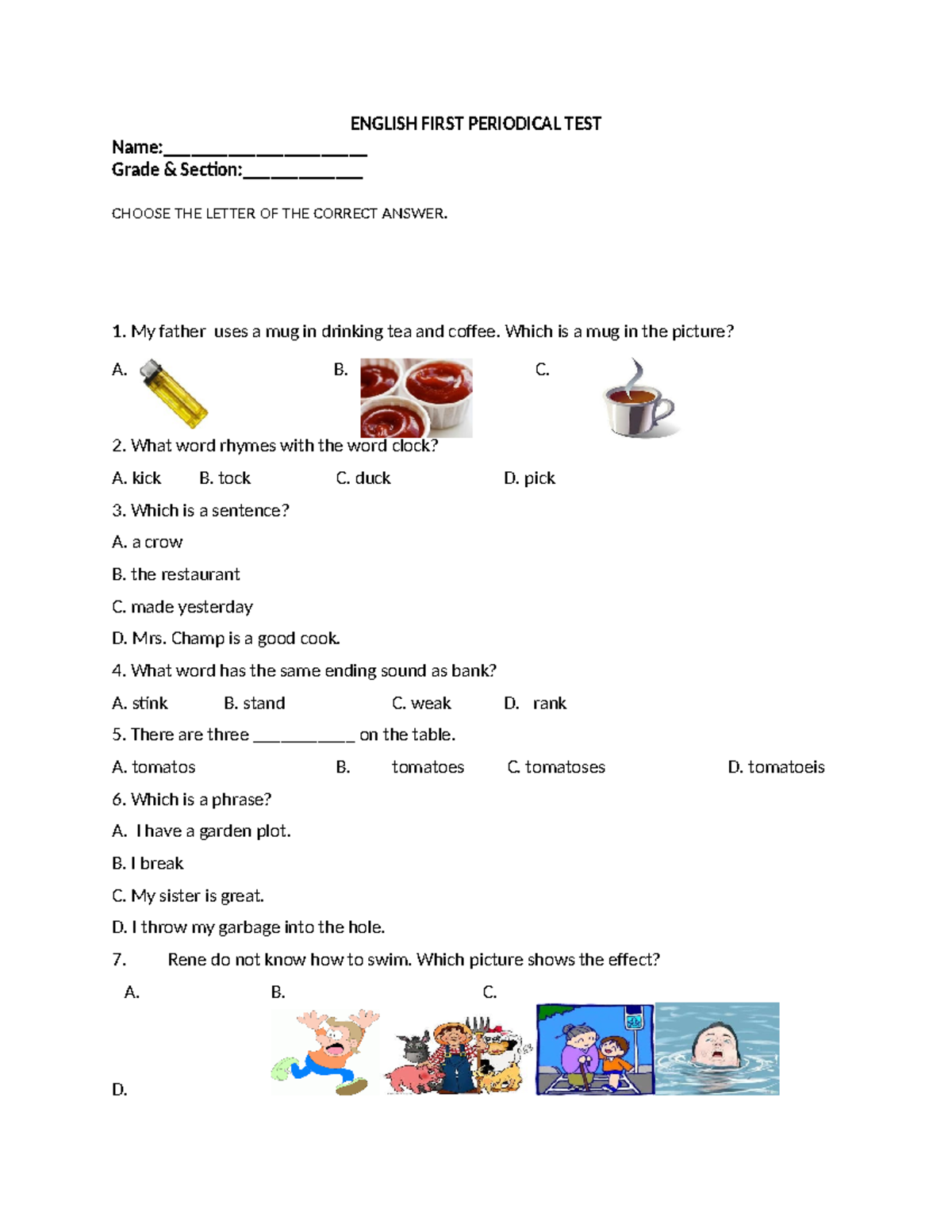 Grade 3 periodical test - ENGLISH FIRST PERIODICAL TEST Name ...
