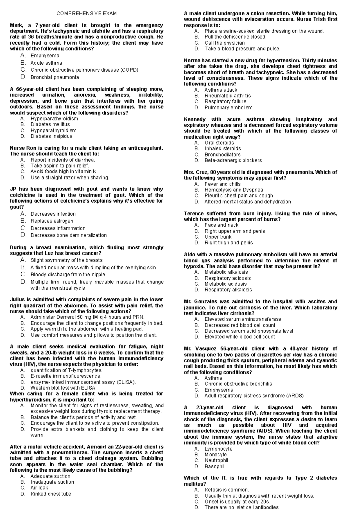 Comprehensive EXAM sample - COMPREHENSIVE EXAM Mark, a 7-year-old ...