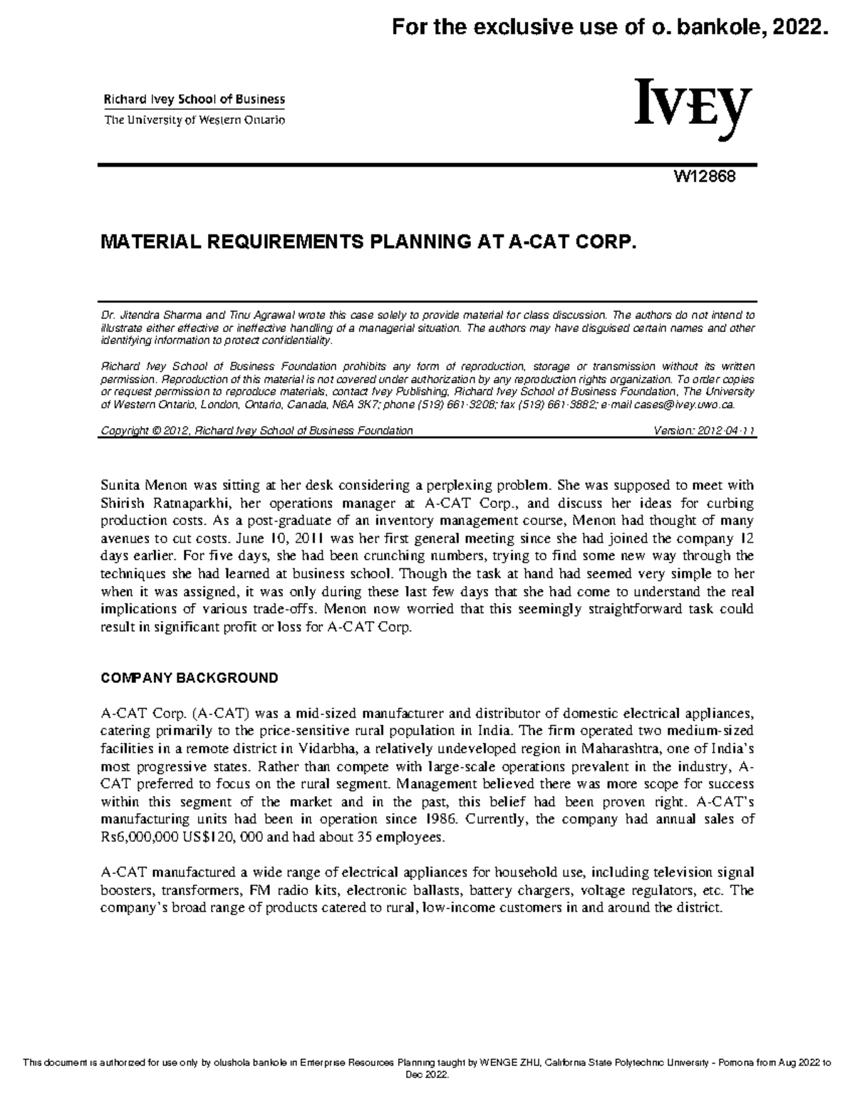 CAT Corp case study - research - S w W MATERIAL REQUIREMENTS PLANNING ...