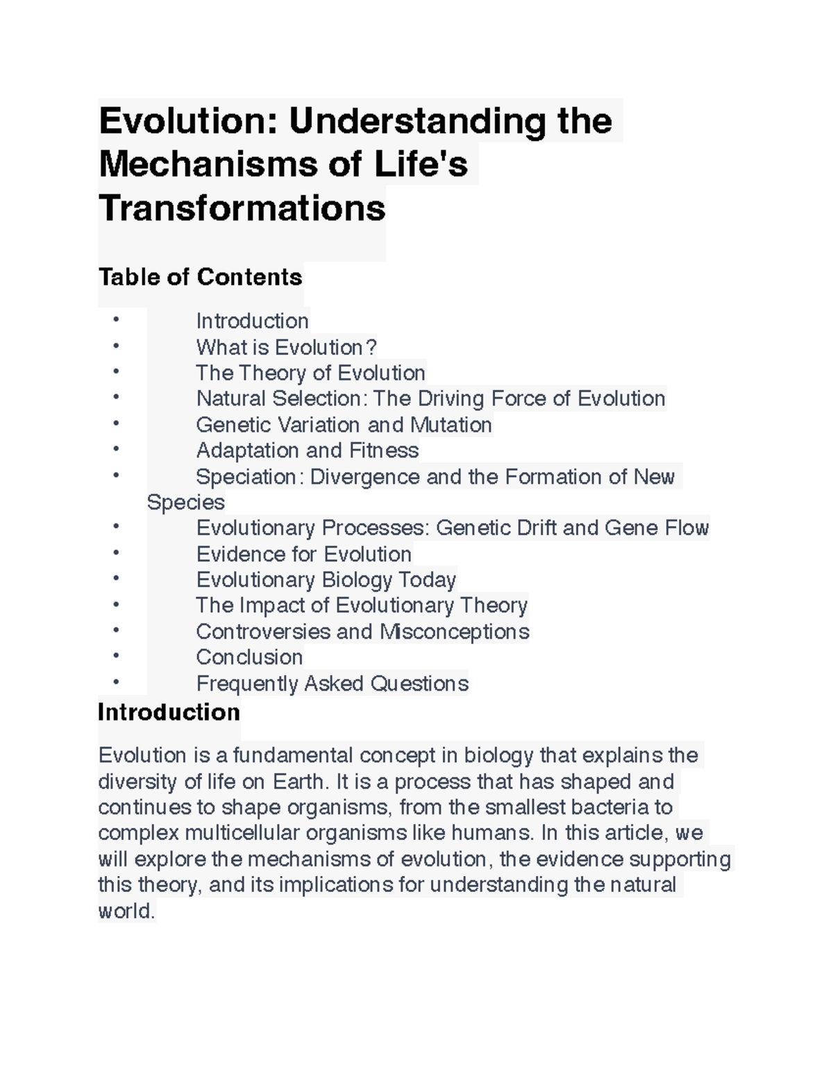 Evolution summary - Evolution: Understanding the Mechanisms of Life's ...