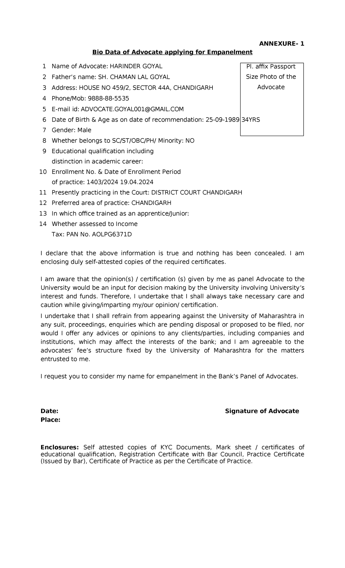 Biodata - ANNEXURE- 1 Bio Data of Advocate applying for Empanelment 1 ...