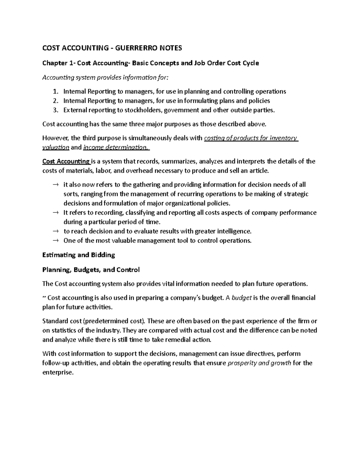 Cost Accounting (Notes) - COST ACCOUNTING - GUERRERRO NOTES Chapter 1 ...