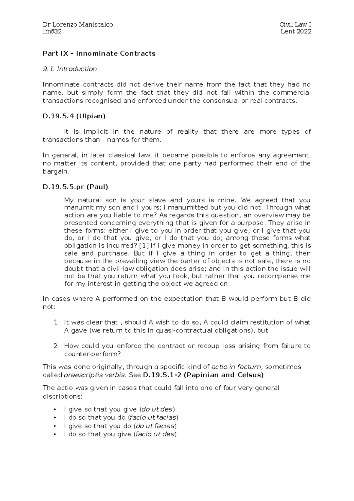 Contract in Roman Law - lm632 Lent 2022 Part IX – Innominate Contracts ...