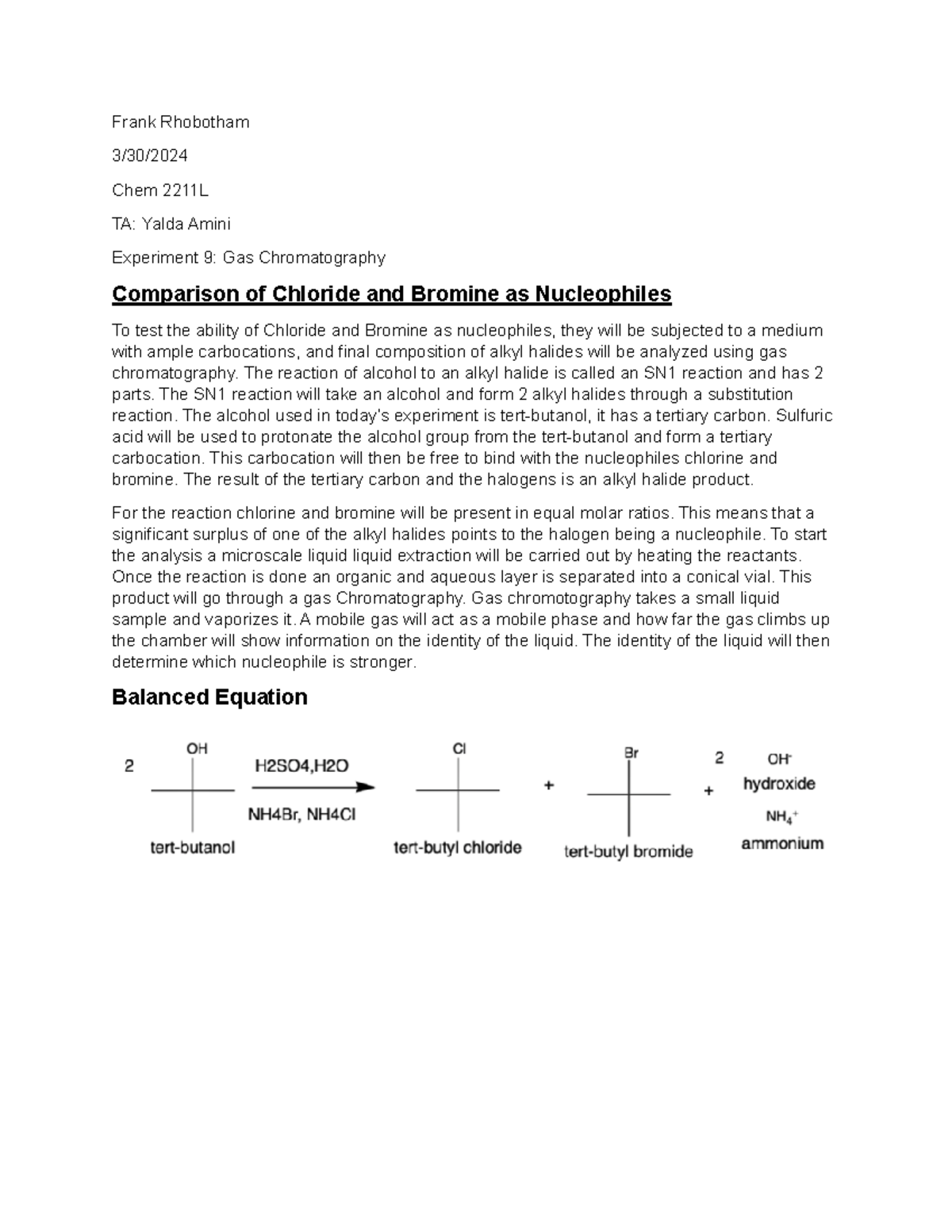 Lab 9 - Frank Rhobotham 3 / 30 / Chem 2211L TA: Yalda Amini Experiment ...