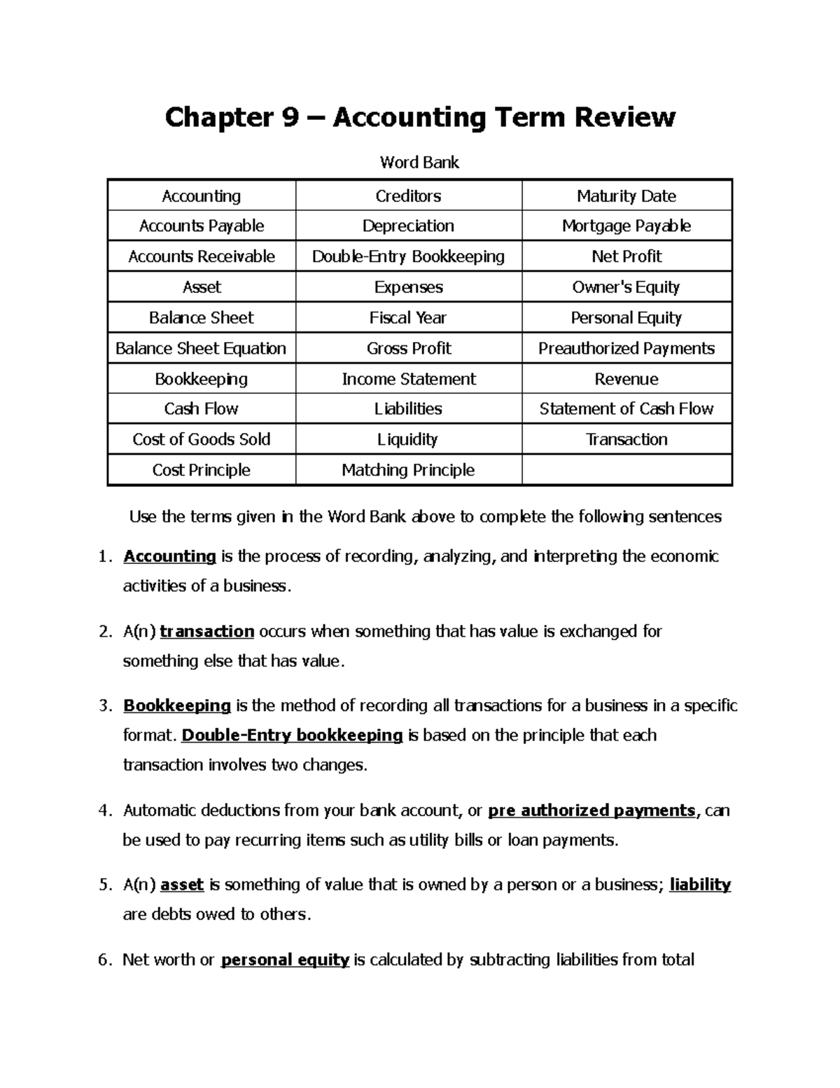 26 - Chapter 9 Term Review - Chapter 9 – Accounting Term Review Word ...