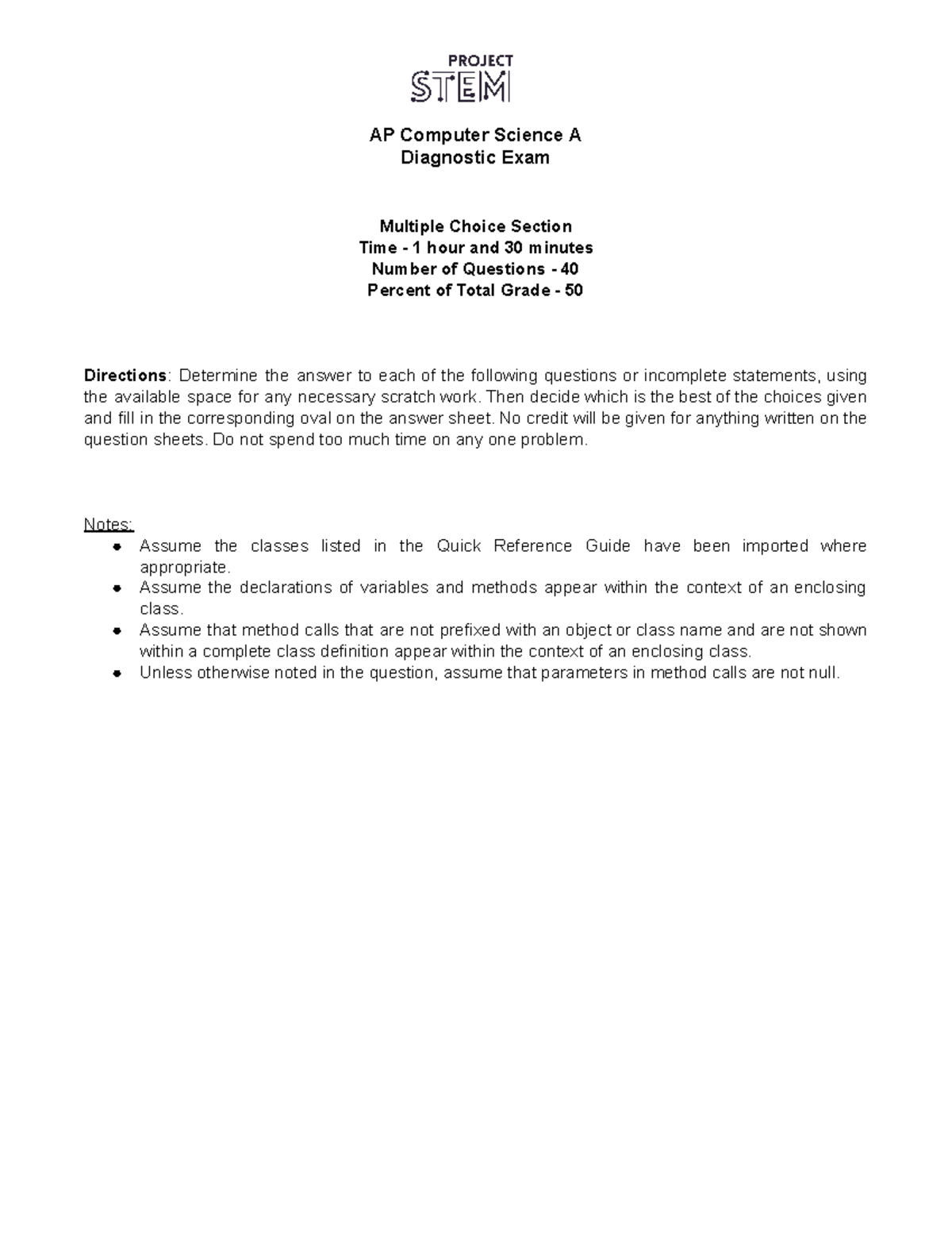 AP CSA Diagnostic Exam - AP Computer Science A Diagnostic Exam Multiple ...